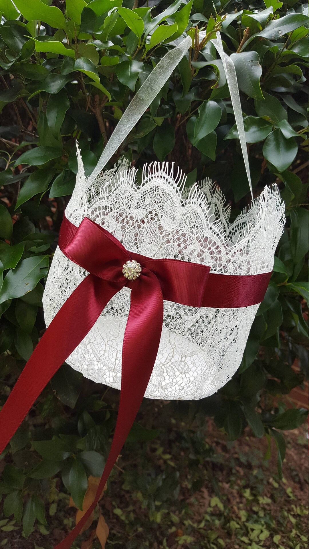 Ivory Chantilly Lace Burgundy Flower Girl Basket Wine Flower Girl ...