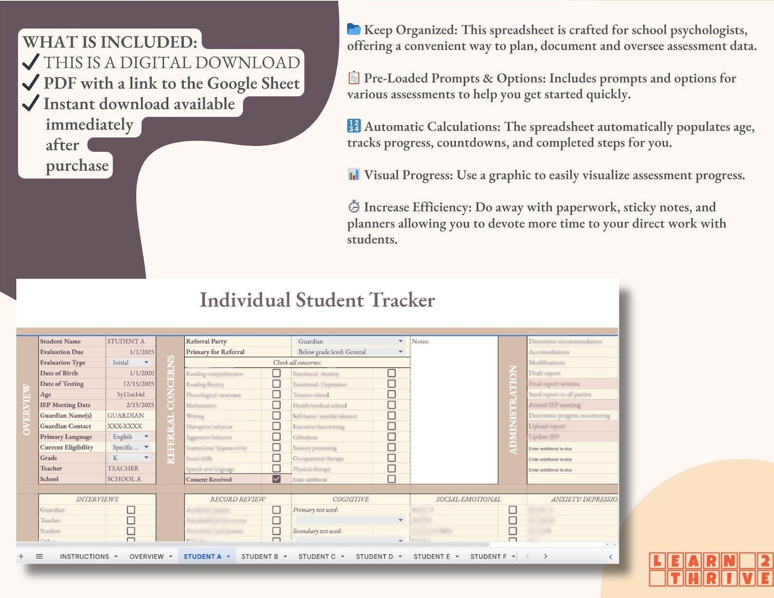 Evaluation Tracker | School Psychologist Spreadsheet | Student Eval ...