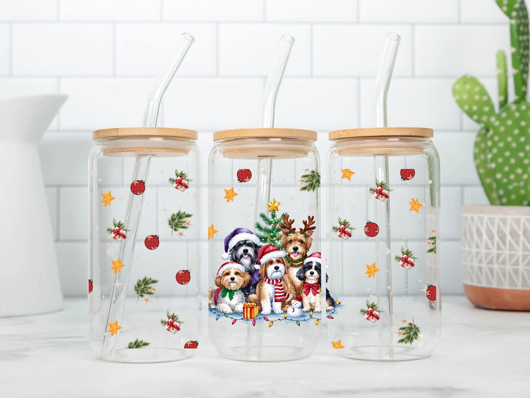 Christmas Dogs Group Wrap PNG, 16oz Sipper Glass Wrap, Festive 16oz ...