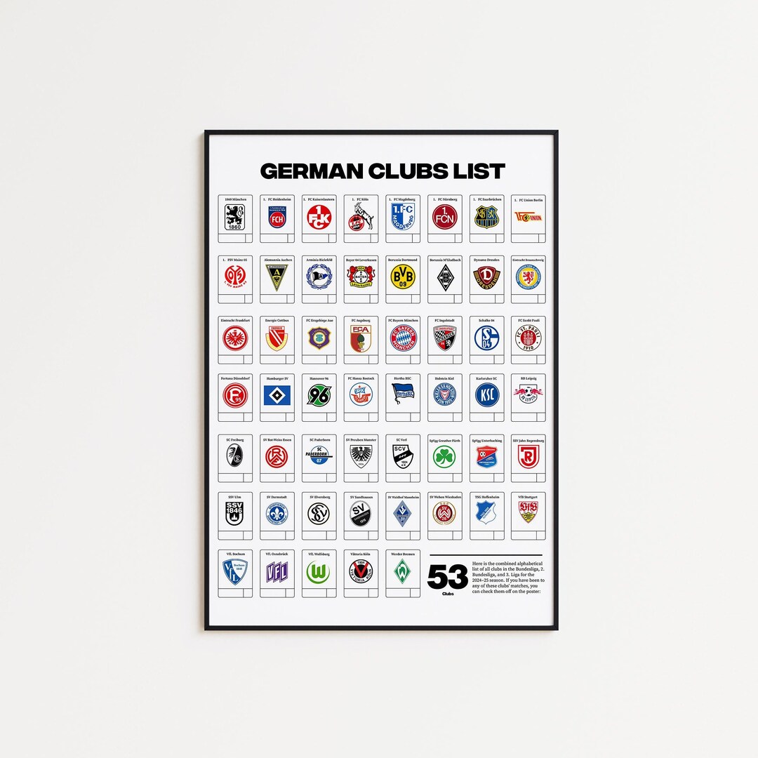 German Clubs Checklist Poster, 53 Bundesliga Clubs, Wall Art Gift, 2024 ...