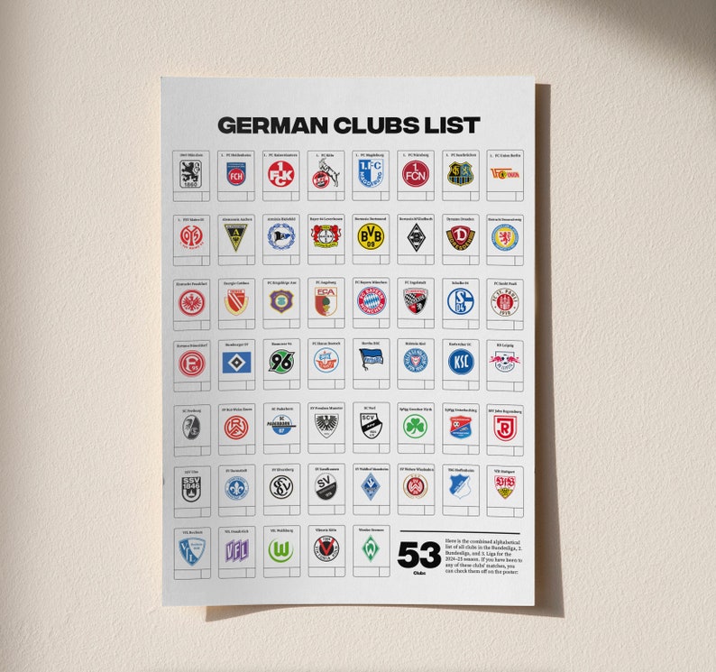 German Clubs Checklist Poster, 53 Bundesliga Clubs, Wall Art Gift, 2024 ...