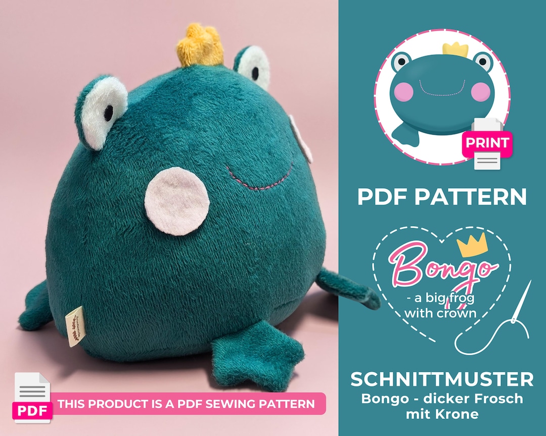 Frog Soft Toy PDF Sewing Pattern - BONGO Fat Frog With Crown - Digital ...