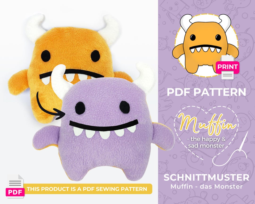 Monster Soft Toy PDF Sewing Pattern - Muffin the Happy & Sad Monster ...