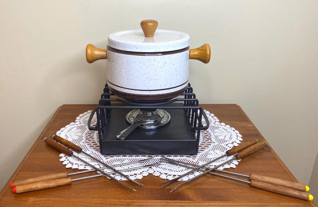 Vintage Brown Striped and Speckled Pot Fondue Set – Complete With ...