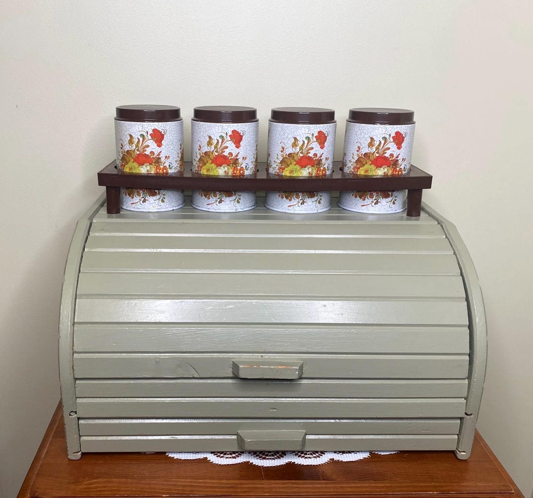 Vintage Green Painted Bread Box With Pull-out Compartment Drawer & 4-piece Metal Canister Set ...