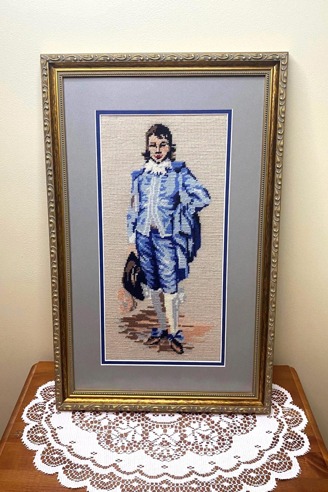 Vintage “blue Boy” Needlepoint Art in Custom Frame - Antique Classic ...
