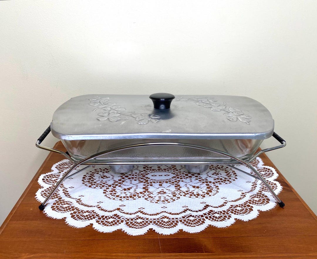 Vintage Baking Dish With Aluminum Flower Embossed Lid and Chrome Stand ...