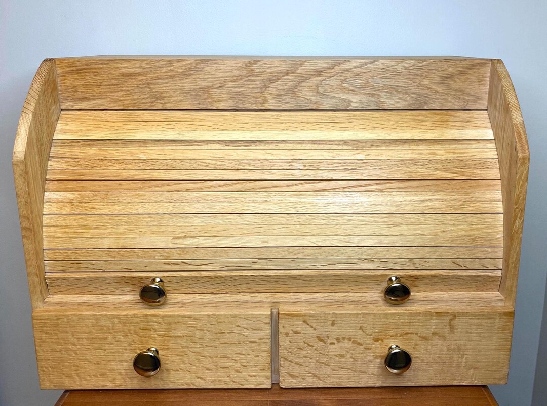 Vintage Large Wood Roll-up Door Bread Box With Two Bottom Drawers ...
