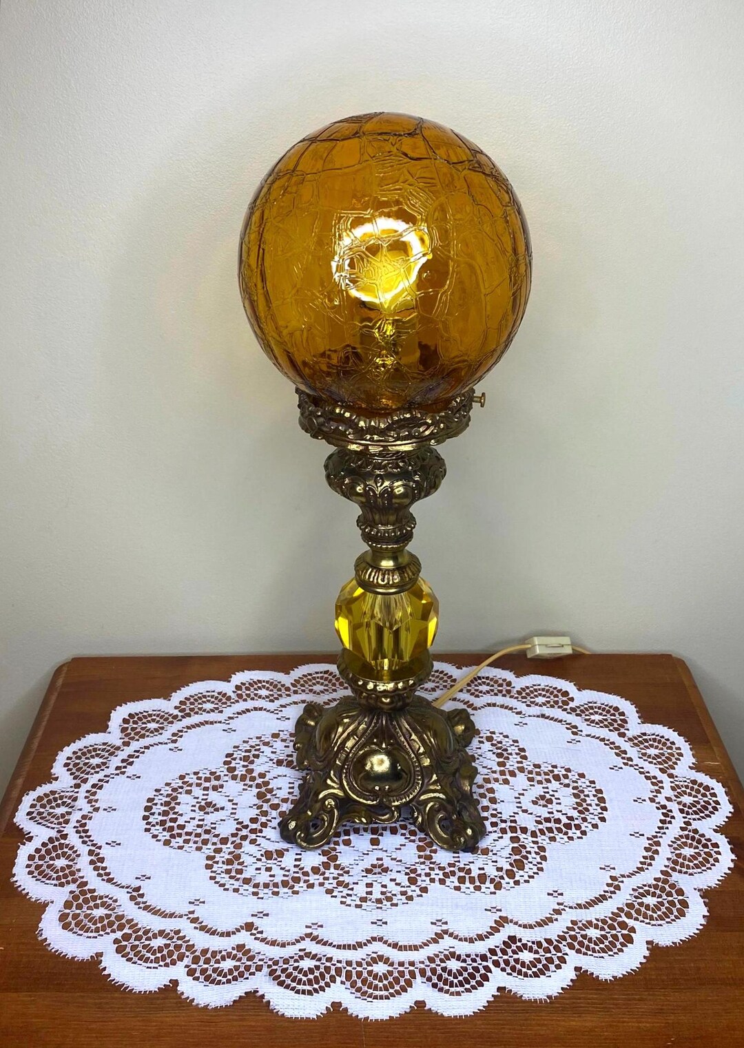 Vintage Mid Century Modern Crackle Glass Globe Table Lamp | Brass Base ...
