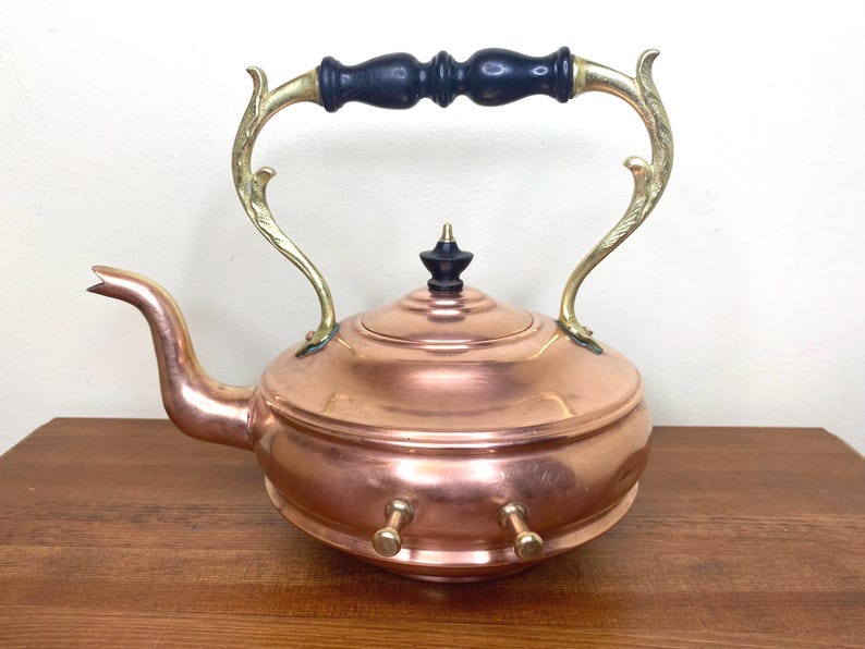 Vintage Antique Copper Tea Pot With Brass Details and Wood Handle ...