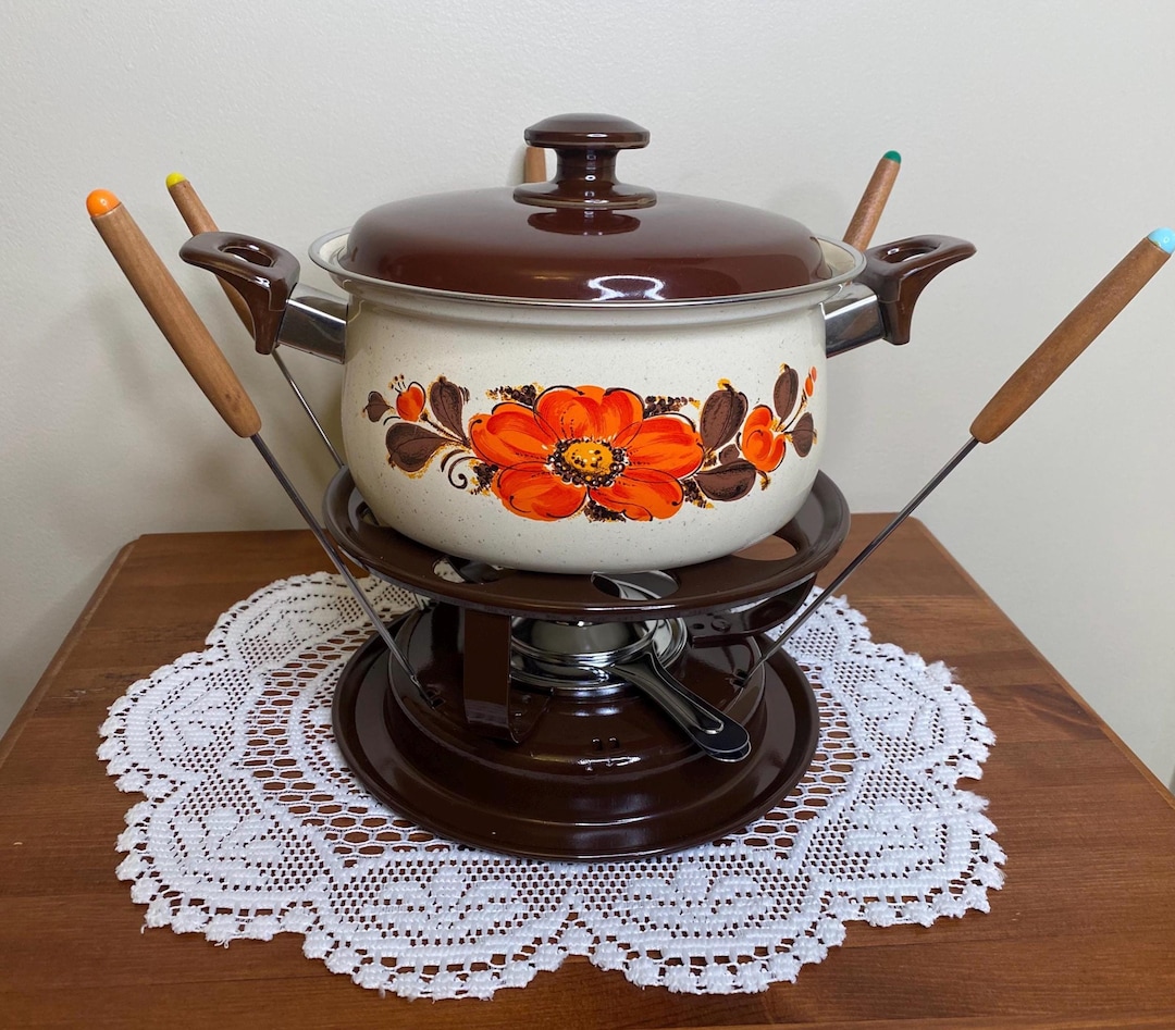 Vintage Fondue Set With Original Box Orange Flower Design Brown Base ...