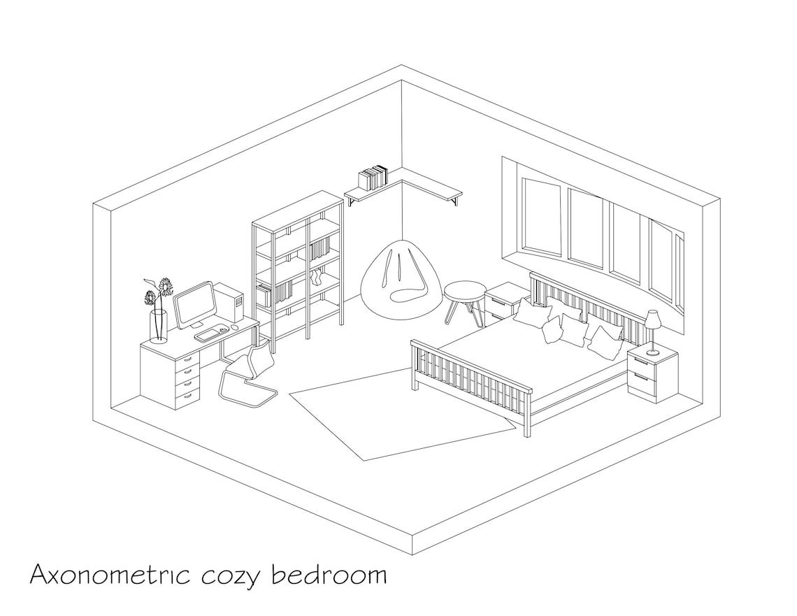Axonometric Bedroom CAD Block 3D CAD File 2D PDF - Etsy