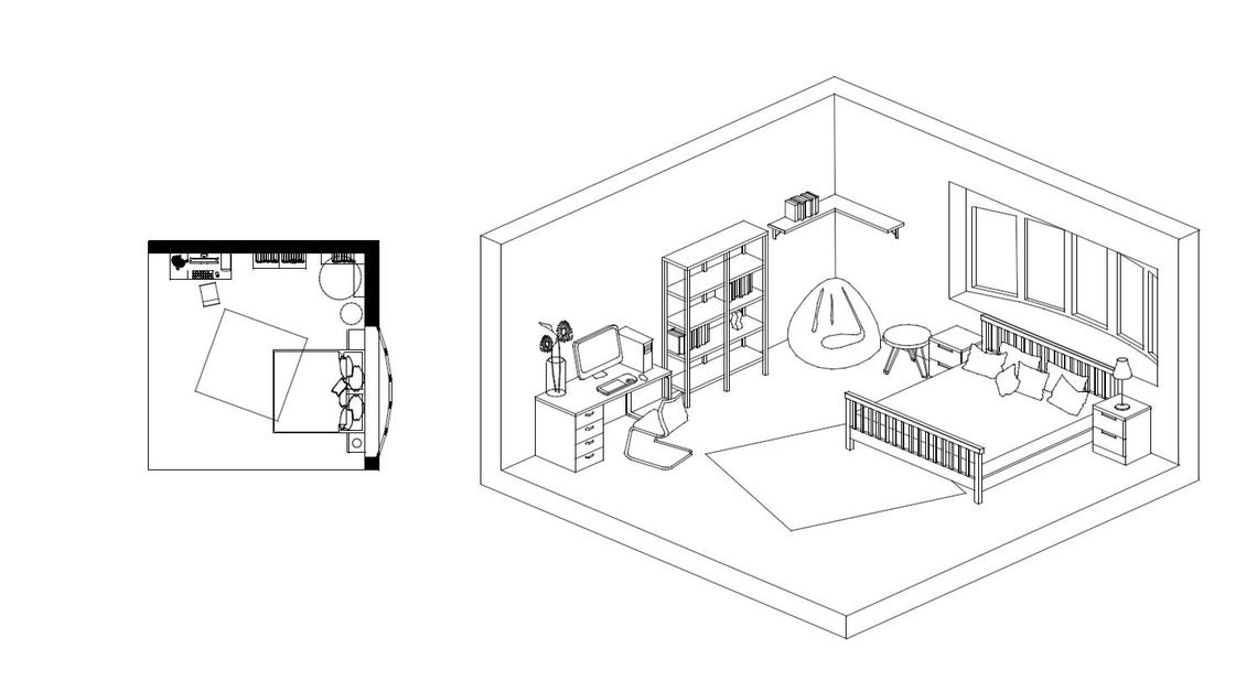 Axonometric Bedroom CAD Block + 3D CAD File + 2D PDF - Etsy