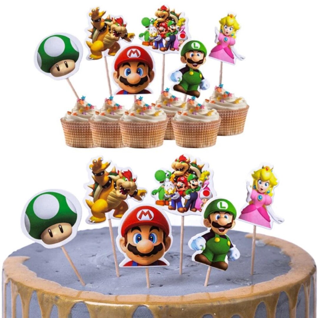 24pcs Super Mario Bros Cupcake Toppers Mario Party Cake Flags for Kids ...