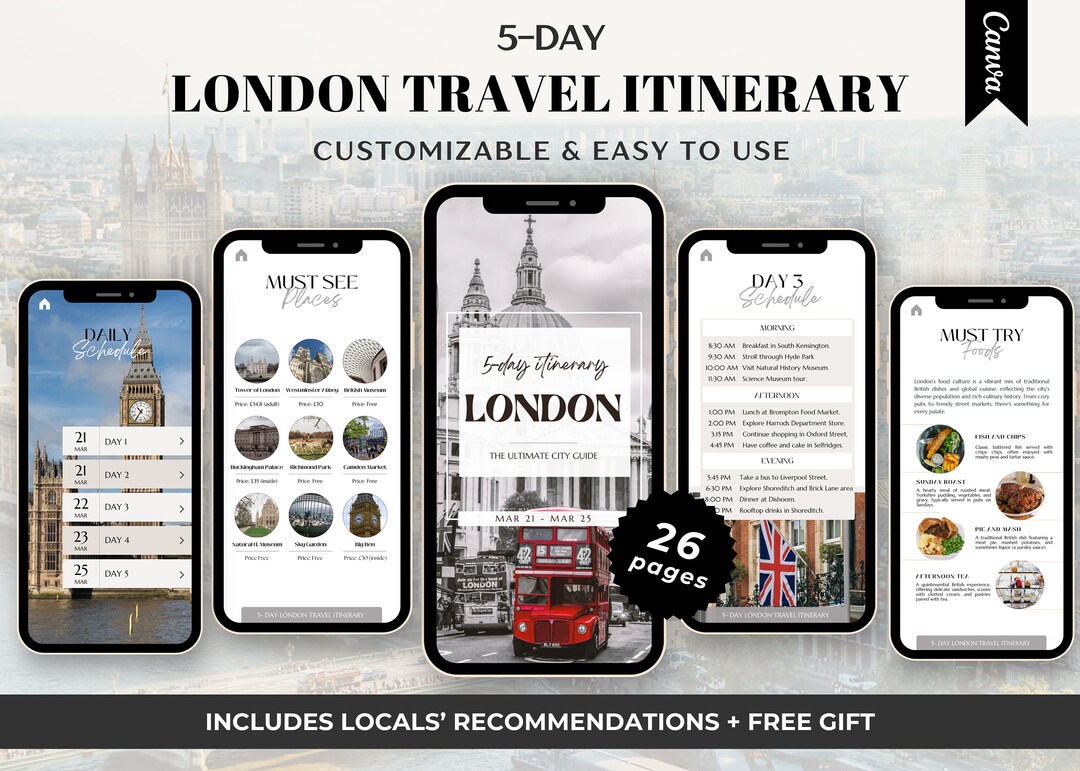 Travel Itinerary London Template Editable Travel Planner London Mobile ...