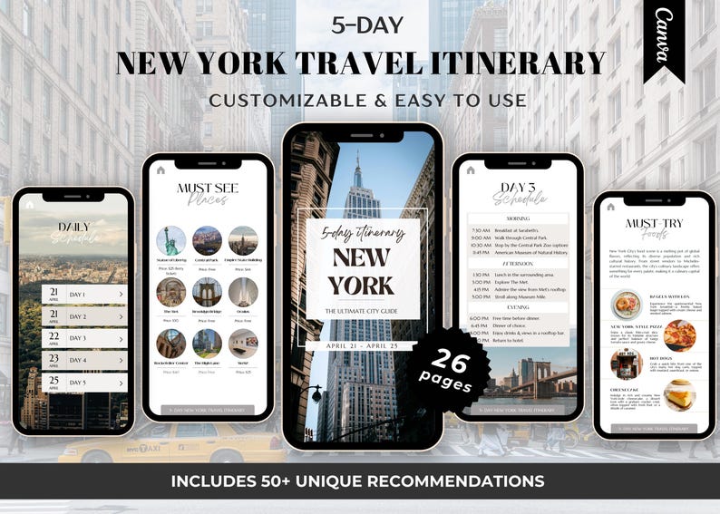 Travel Itinerary New York Travel Guide Editable Travel Template New York Planner Mobile Trip ...