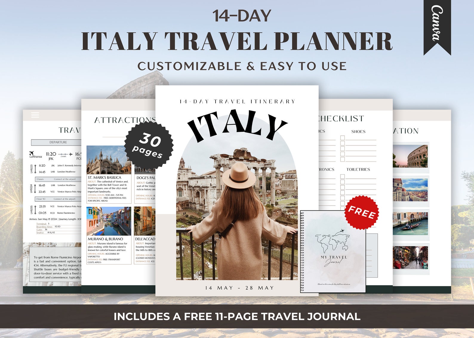 Italy Travel Itinerary: 2-week Trip Planner, Canva Template (digital ...