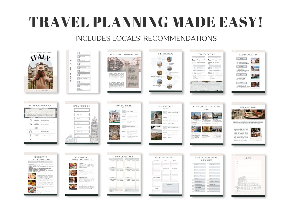 Italy Travel Itinerary: 2-week Trip Planner, Canva Template (digital ...