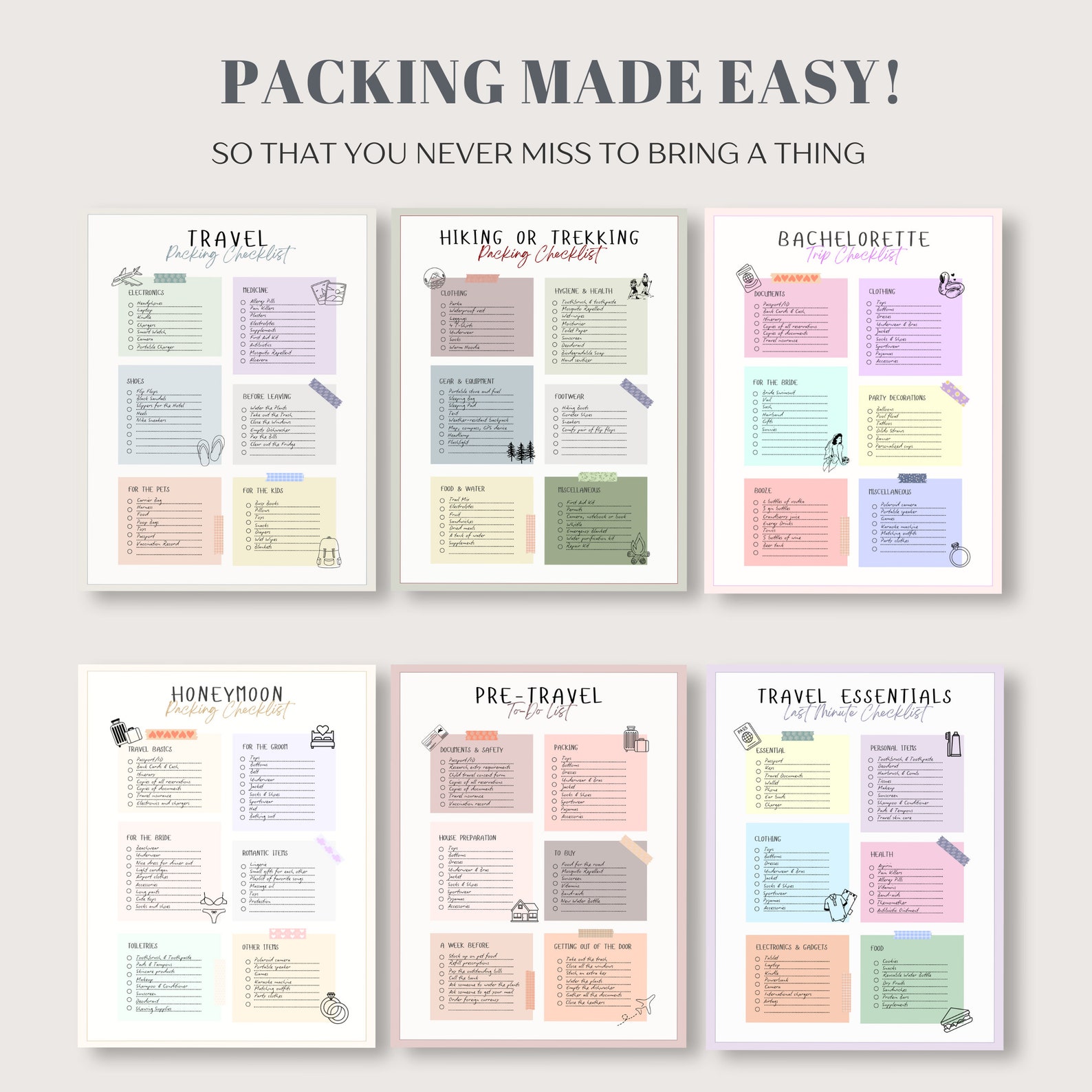 Printable Travel Packing Checklist Templates, Editable Travel Checklist ...