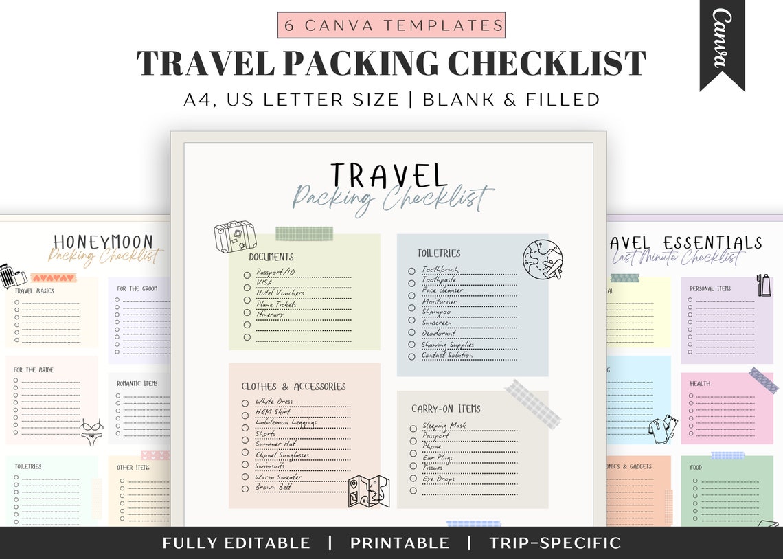 Printable Travel Packing Checklist Templates, Editable Travel Checklist ...