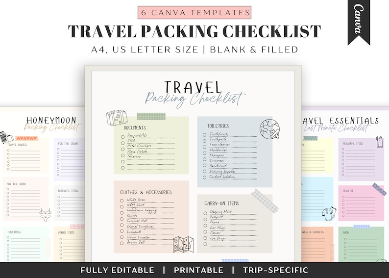 Printable Travel Packing Checklist Templates, Editable Travel Checklist ...