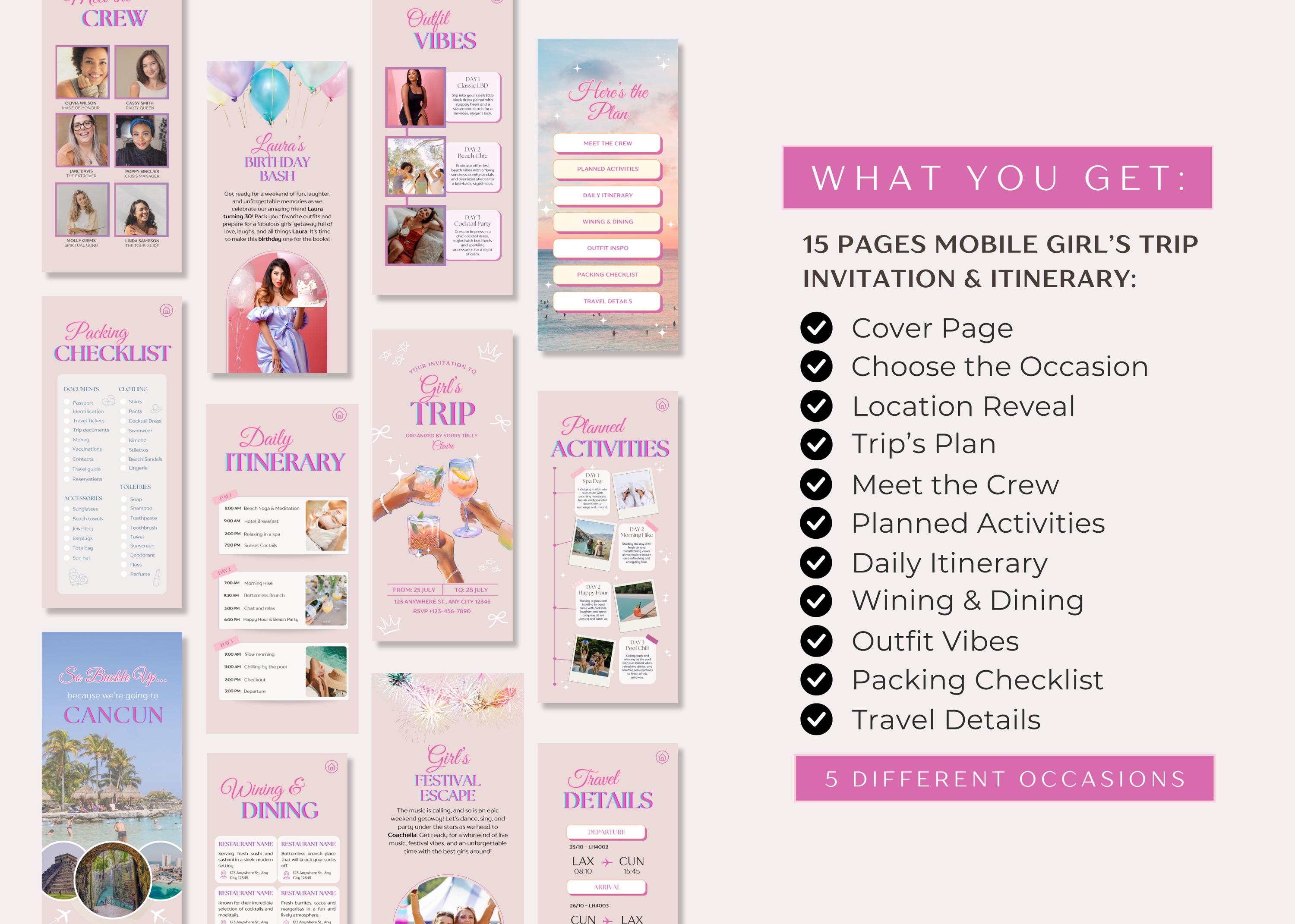 Animated Girls Trip Itinerary Template: Ladies Weekend Invitation ...