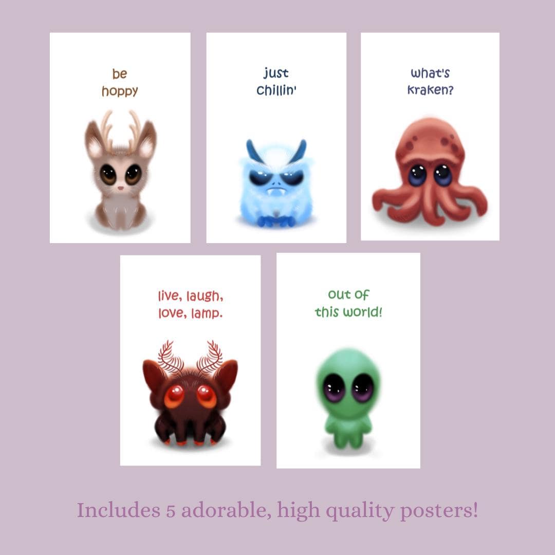 Cryptid Cute Printable Poster Bundle Mothman, Yeti, Alien Nursery ...