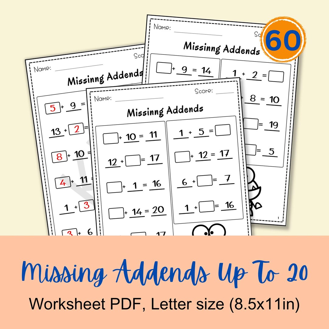 Missing Addends up to 20 Worksheets, Addition up to 20, Answer Key, PDF ...