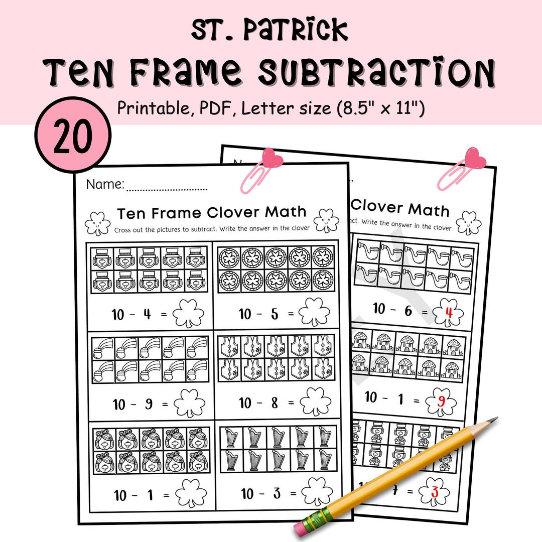 St. Patrick Ten Frame Worksheets, Subtraction Within 10, Answer Key ...