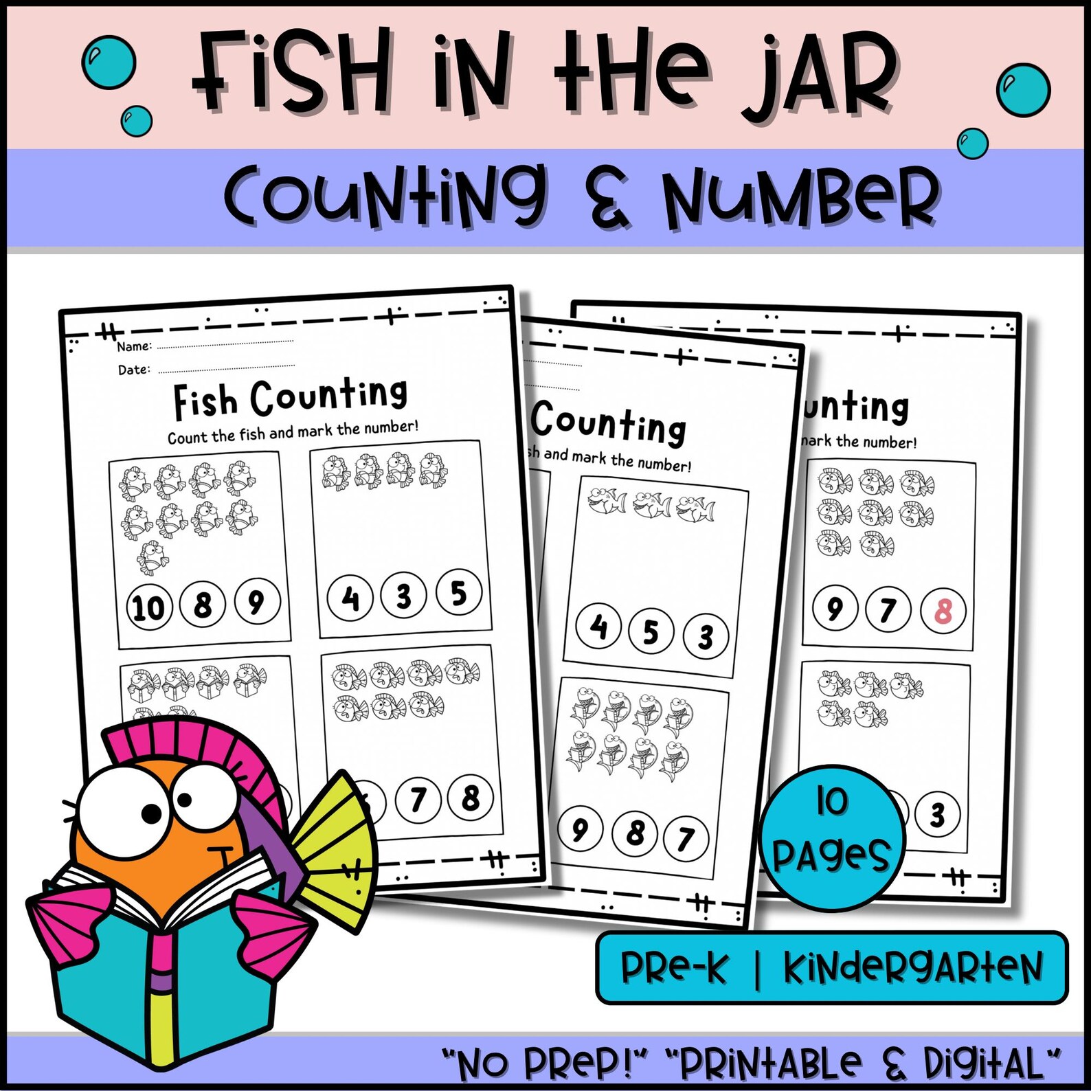Fish Counting Worksheets: Preschool Kindergarten Math, Ocean Theme (PDF ...