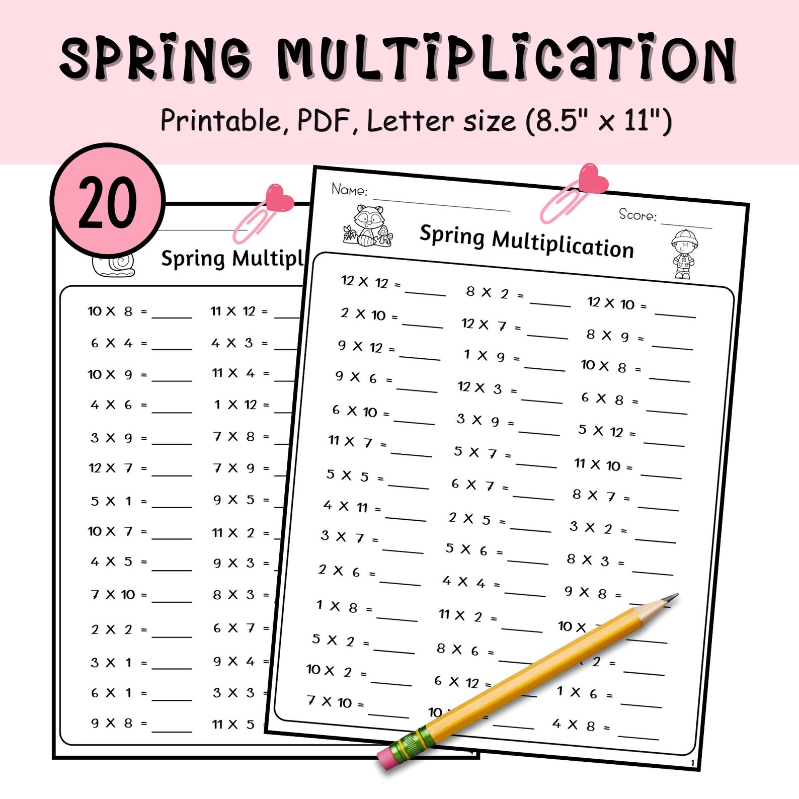Spring Multiplication Worksheet, Multiplication Facts, Horizontal ...