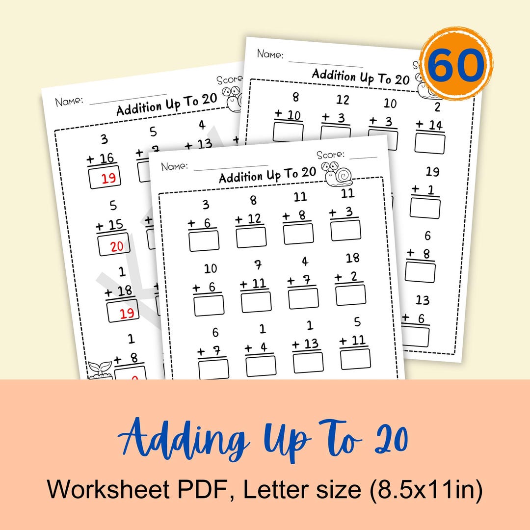 Addition up to 20 Worksheets, 30 Pages, Answer Key, Vertical Format ...