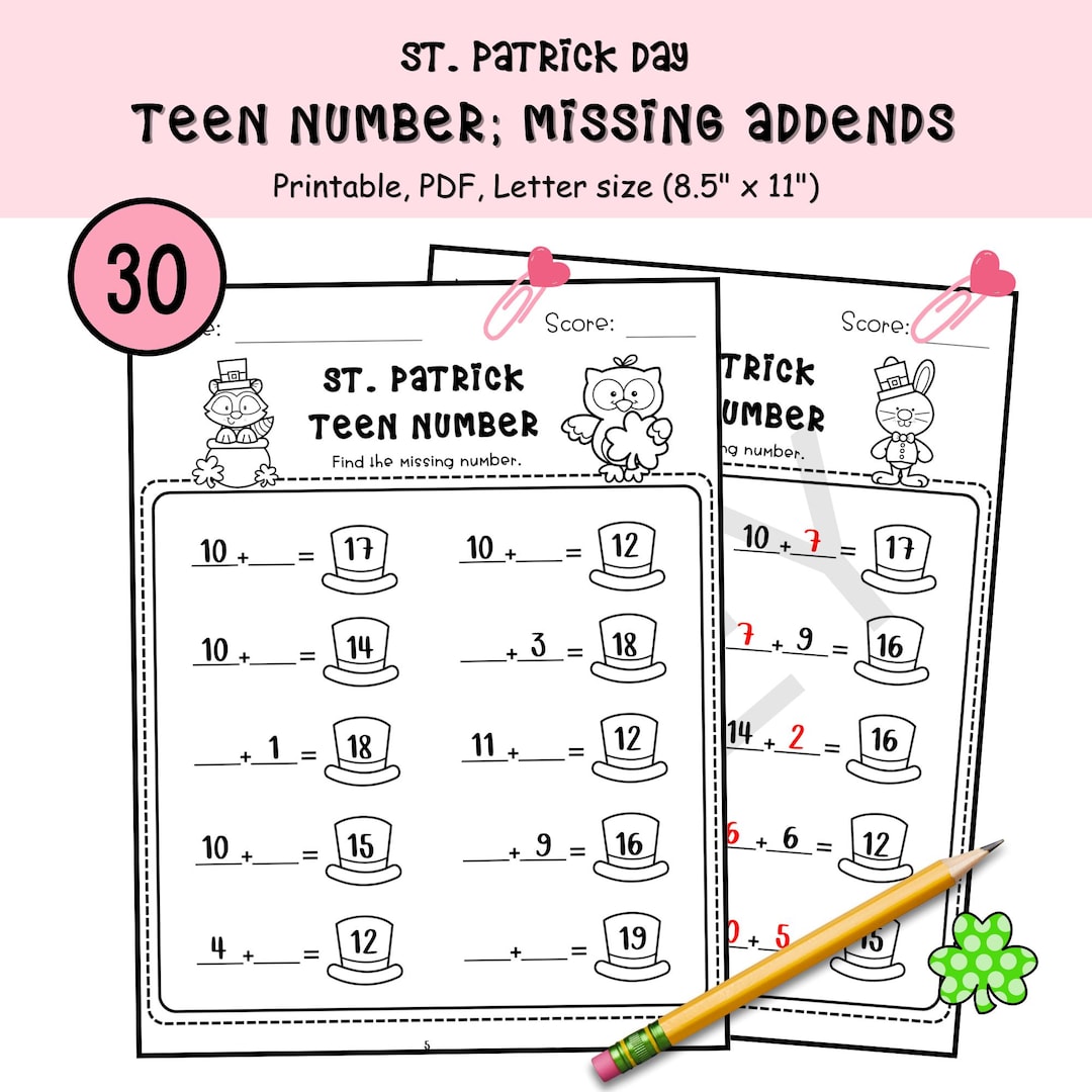 St. Patrick Day Teen Number Worksheets, Missing Addends, Addition to 20 ...