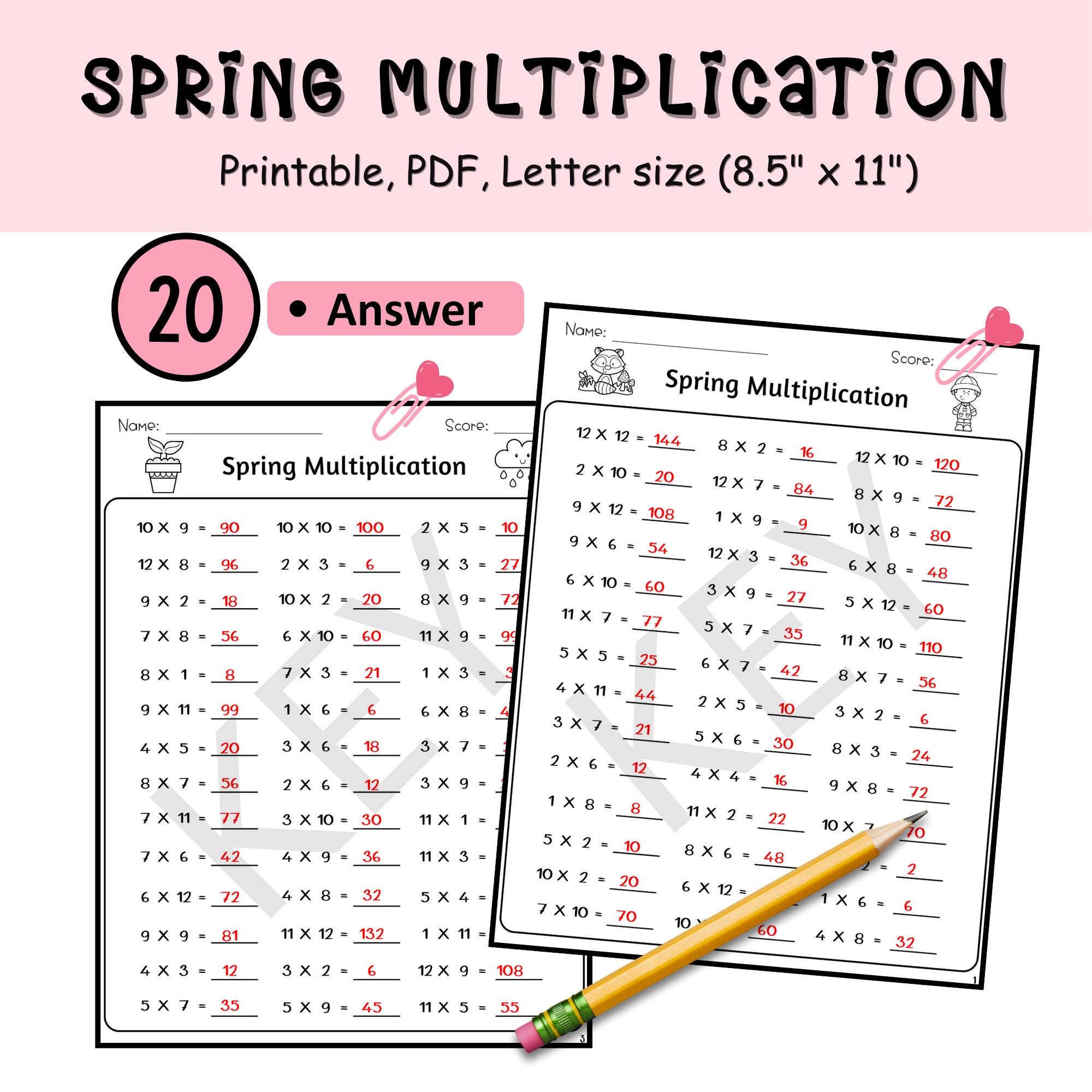 Spring Multiplication Worksheet, Multiplication Facts, Horizontal ...