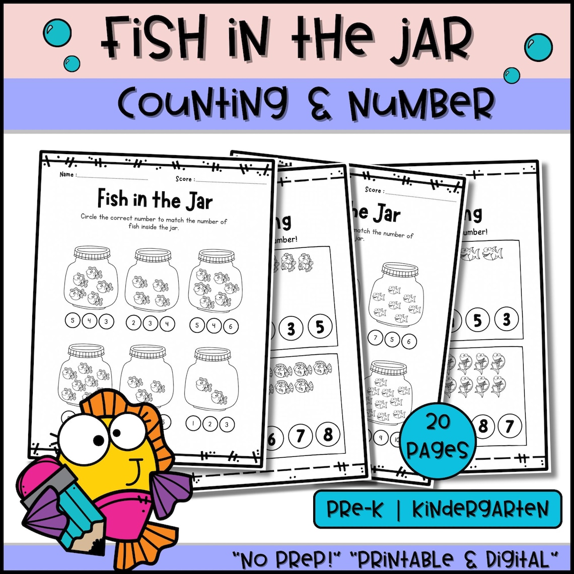 Fish Counting Worksheets: Preschool Kindergarten Math, Ocean Theme (PDF ...