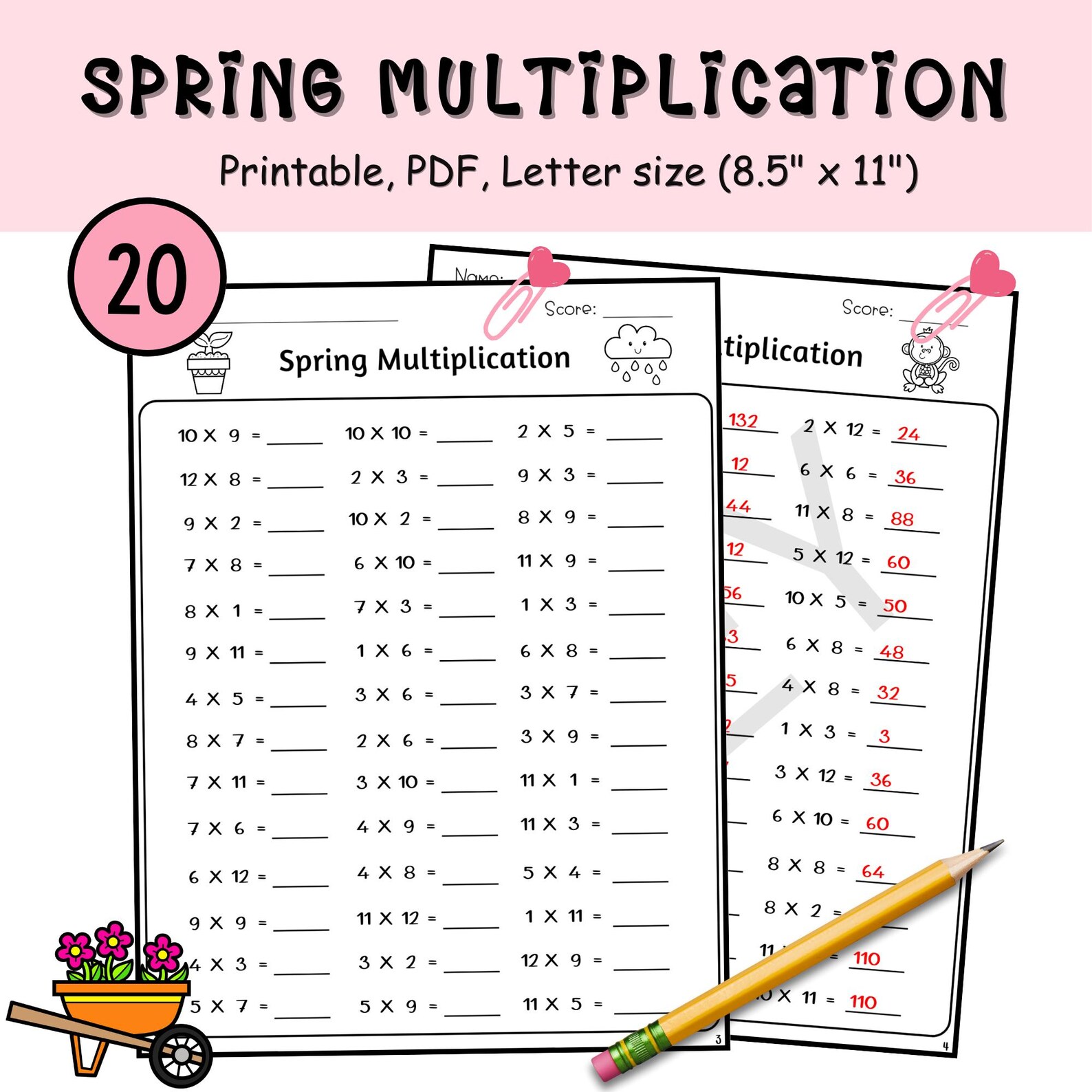 Spring Multiplication Worksheet, Multiplication Facts, Horizontal ...
