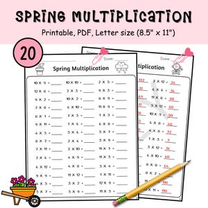 Spring Multiplication Worksheet, Multiplication Facts, Horizontal ...