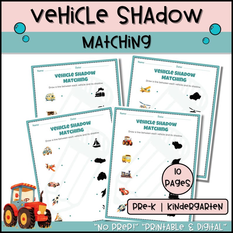 Vehicle Shadow Matching Worksheets | Transportation Activities ...
