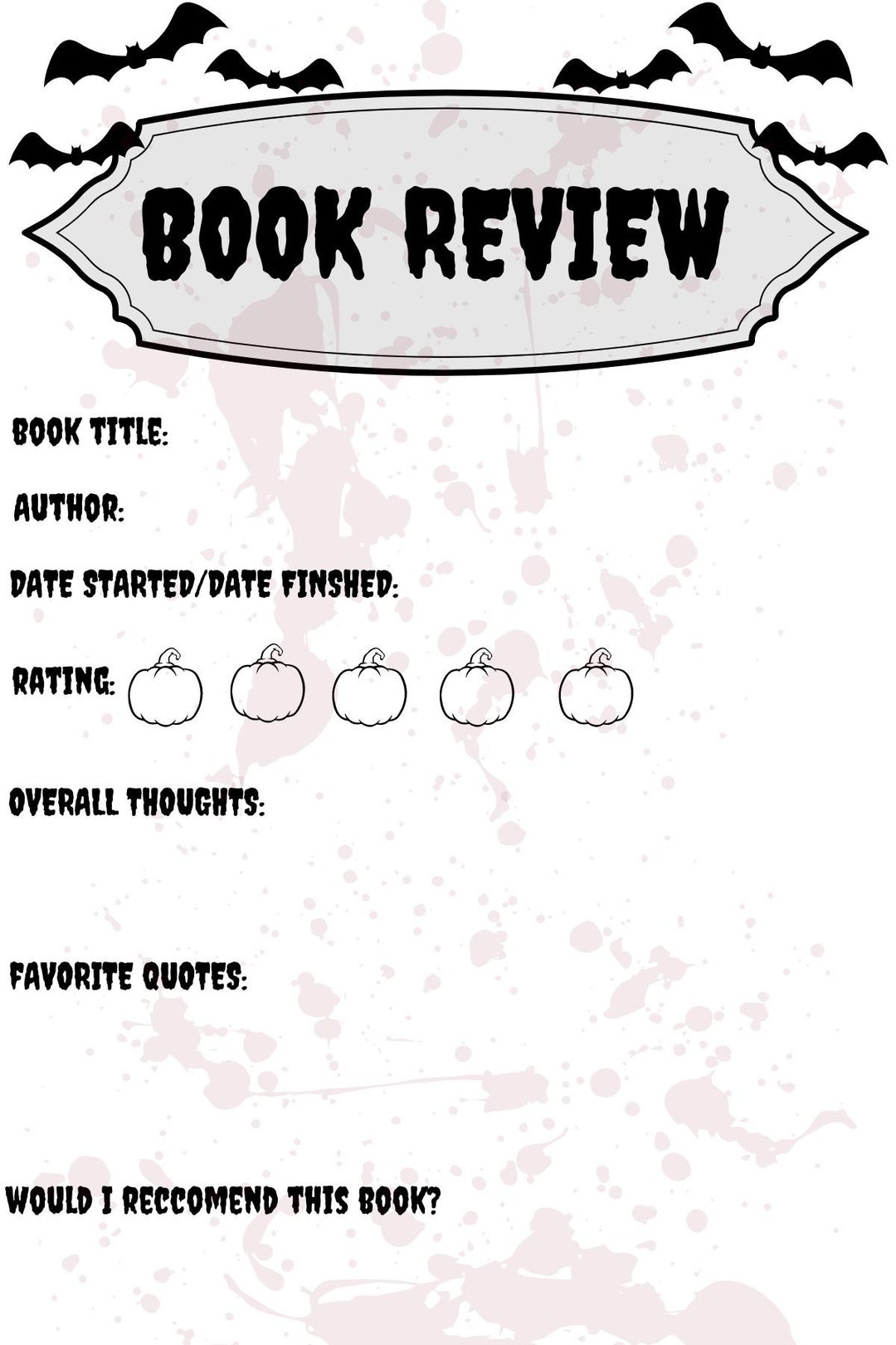 Horror Book Review, Book Review Template, Horror Book Club - Etsy