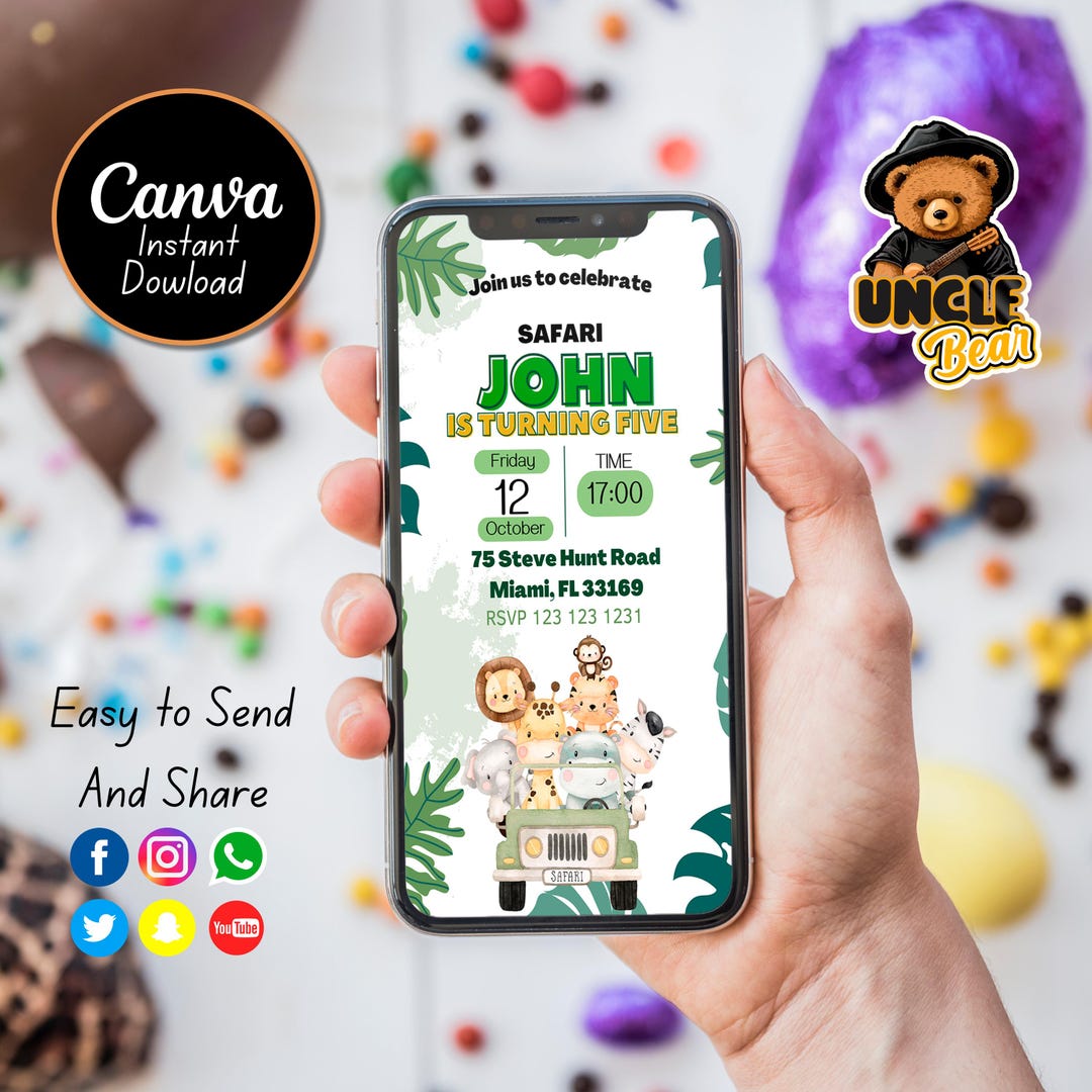Safari Birthday Mobile Invitation Template, Jungle Animals (digital ...