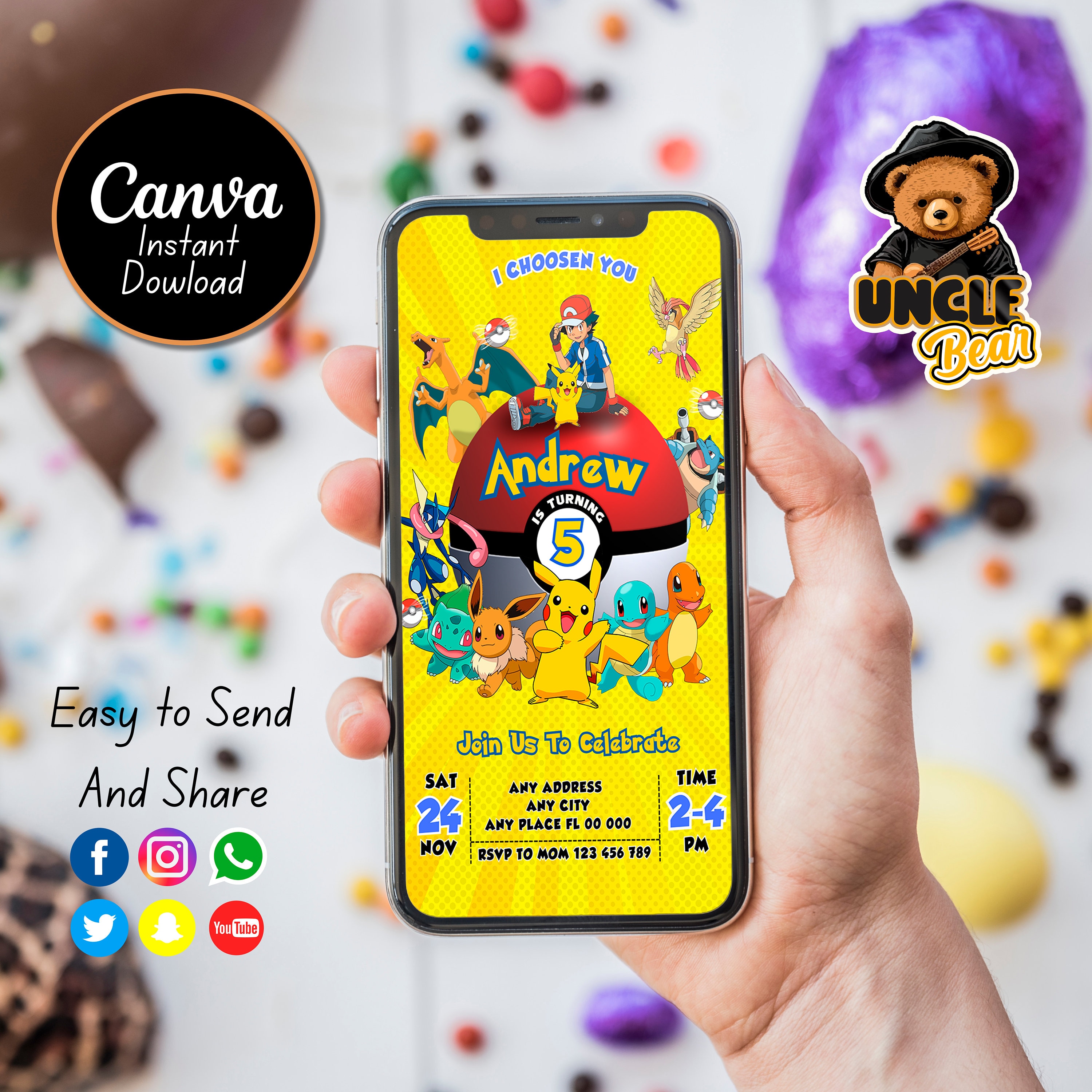 Pokemon Birthday Mobile Invitation | Pikachu Evite, Editable Canva ...