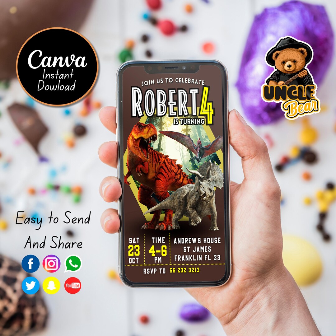 Editable Three Rex Mobile Invitation | Three Rex Birthday Invitation ...