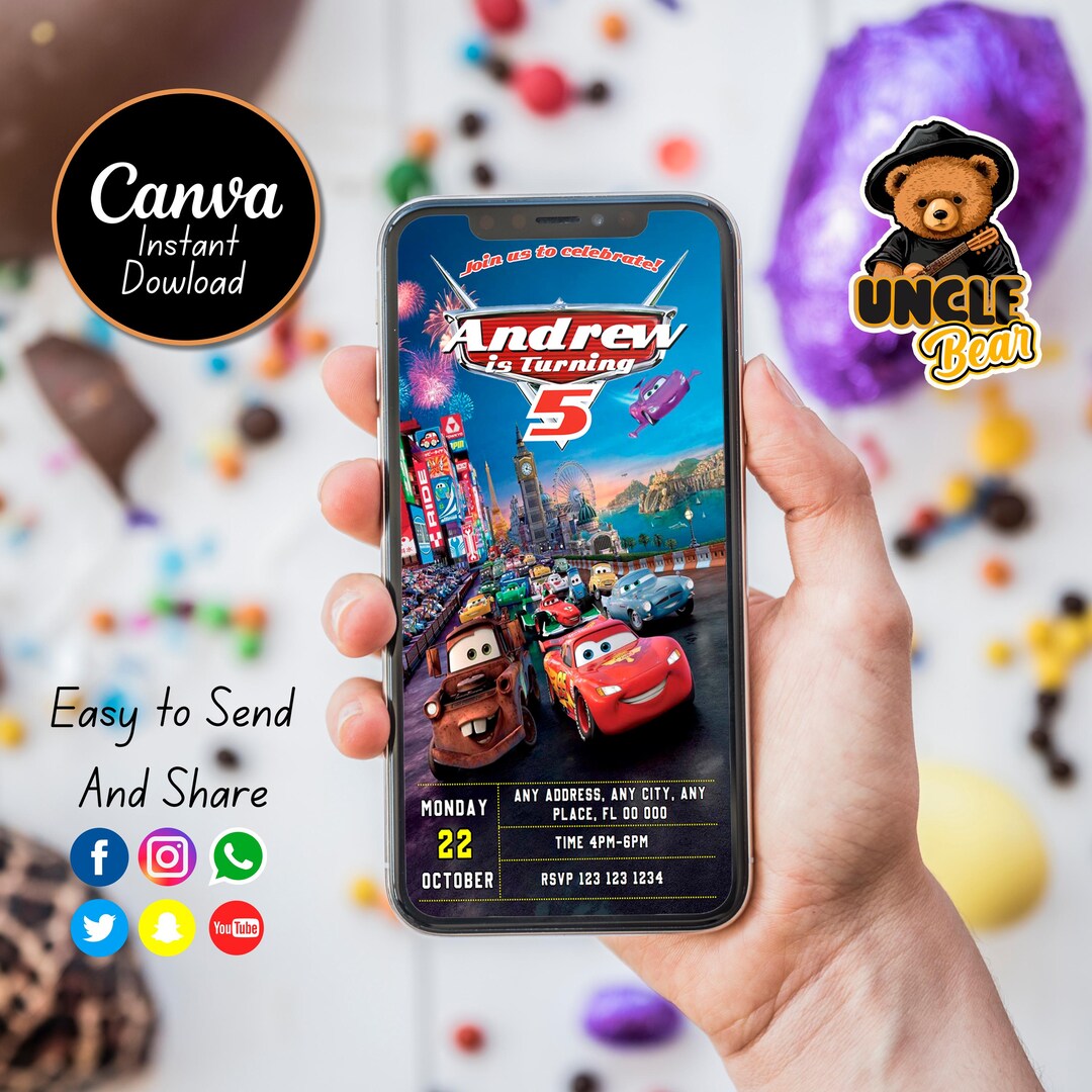 Cars Birthday Invitation | Kids Birthday Mobile Invite | Lightning ...