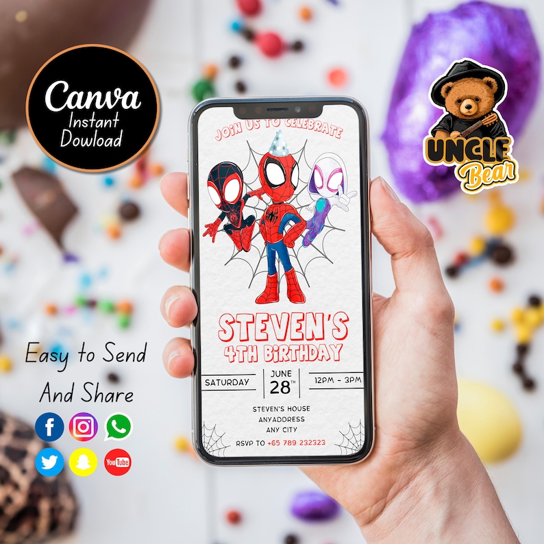 Editable Spidey and His Amazing Friends Birthday Mobile Invitation ...