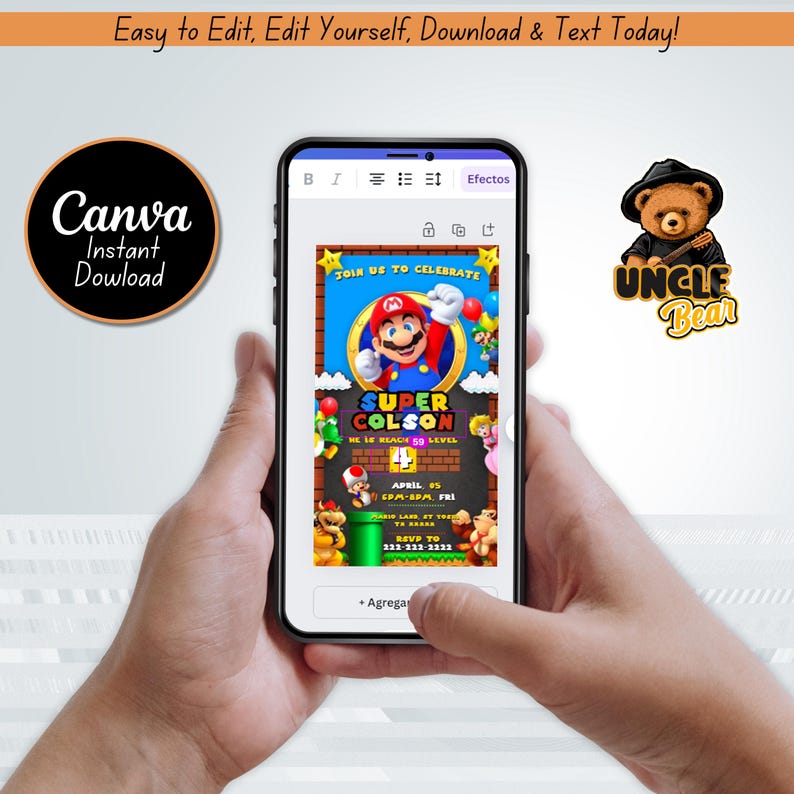 Super Mario Bros Mobile Digital Birthday Invitation | Super Mario | Editable Printable Mario ...