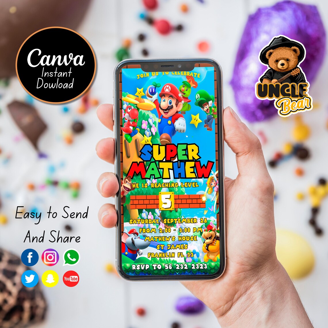 Super Mario Bros Mobile Digital Birthday Invitation | Super Mario ...