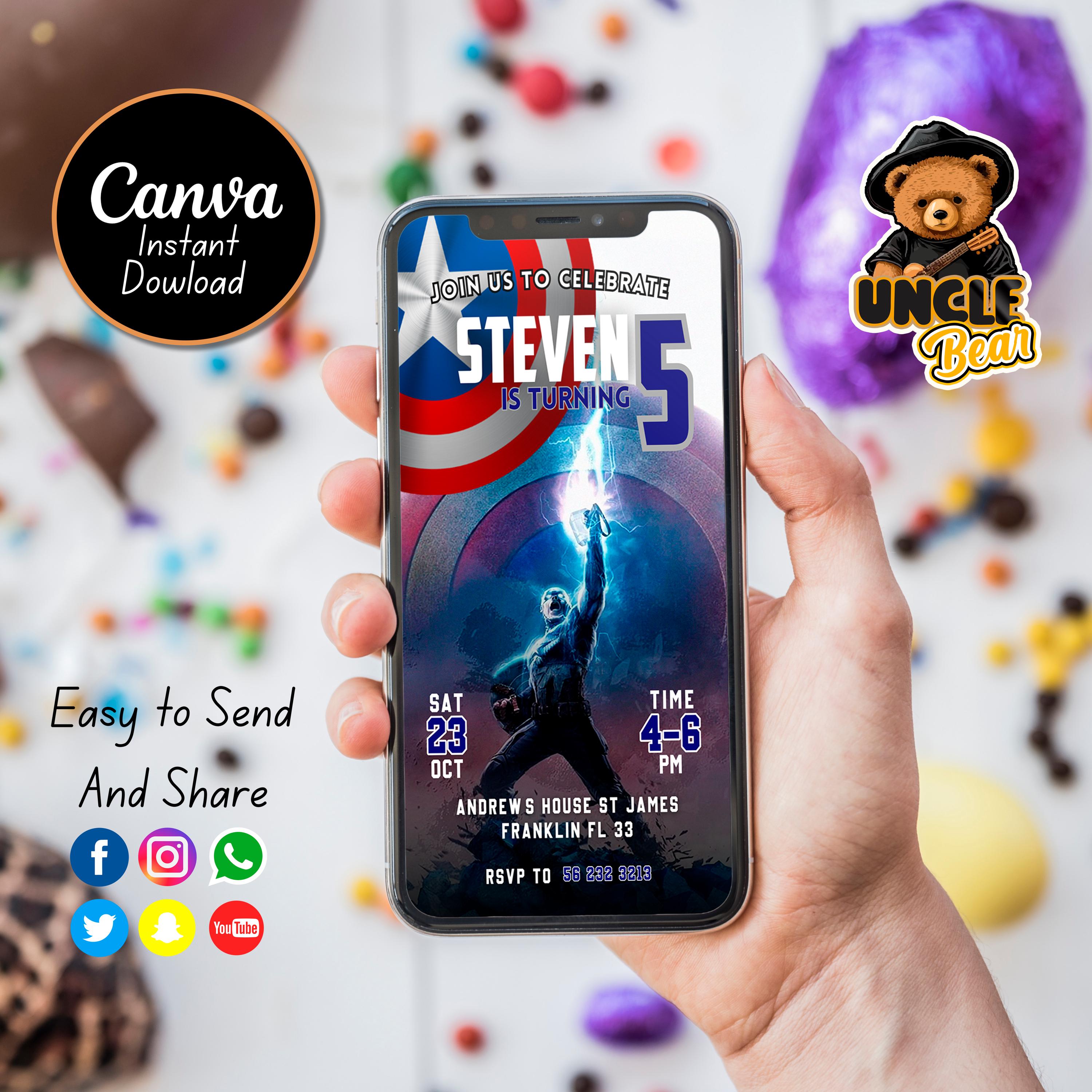 Editable Captain America Birthday Invitation, Capt America Theme Party ...