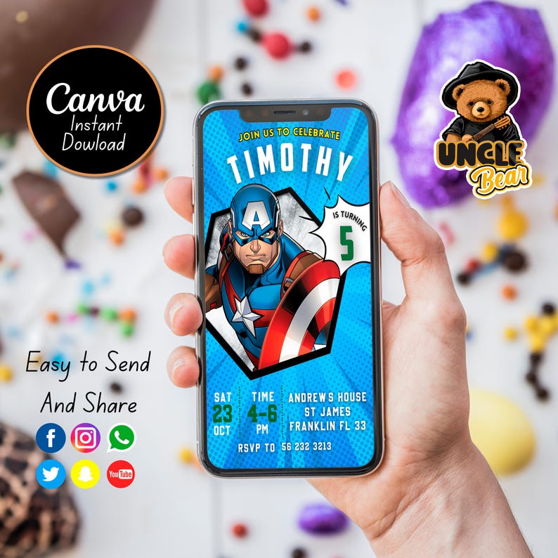 Editable Captain America Birthday Invitation, Capt America Theme Party ...