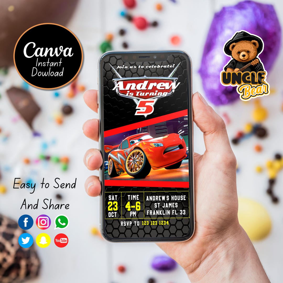 Cars Birthday Invitation | Kids Birthday Mobile Invite | Lightning ...