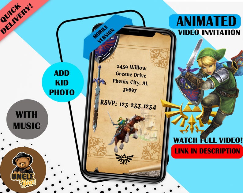 Zelda Animated Birthday Invitation, Personalized the Legend of Zelda ...